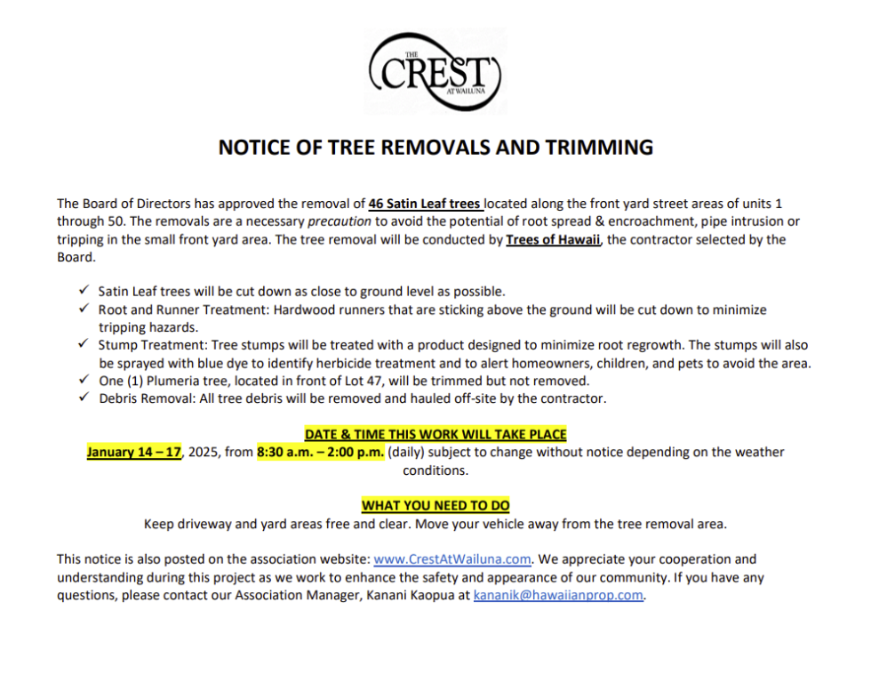 News and Announcements - The Crest at Wailuna